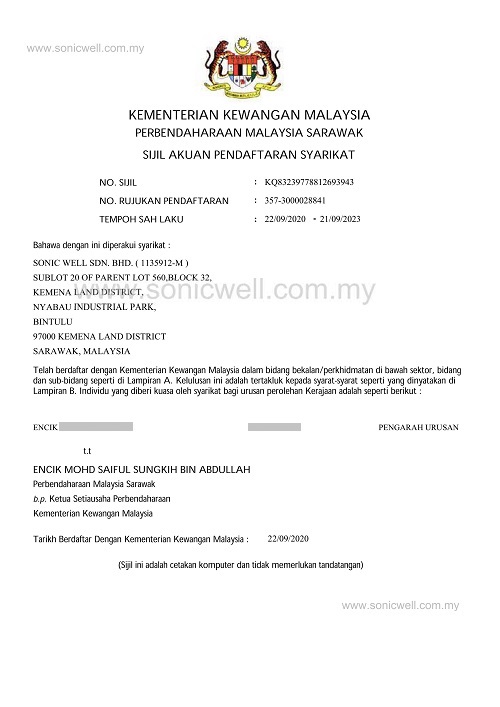 Registration & Certification - SONIC WELL SDN. BHD.